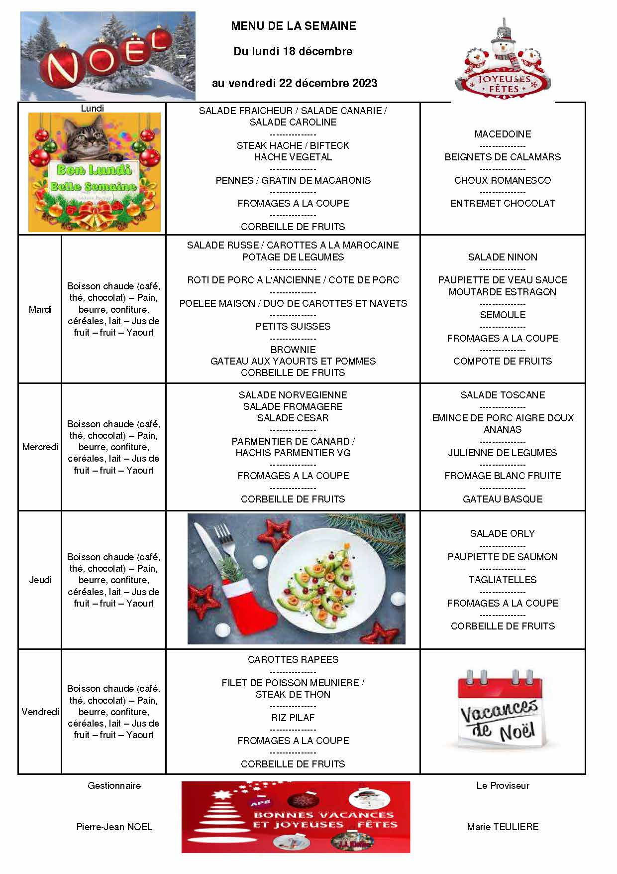 Menu du 18 au 22 décembre 2023